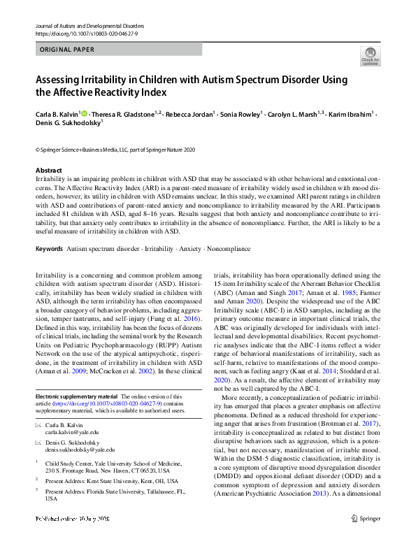 (PDF) Assessing Irritability in Children with Autism Spectrum Disorder ...