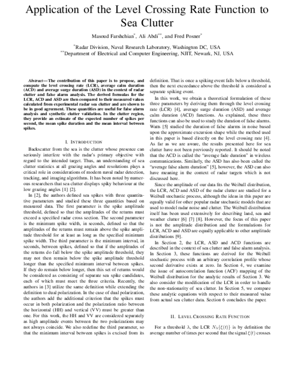(PDF) Application of the level crossing rate function to sea clutter