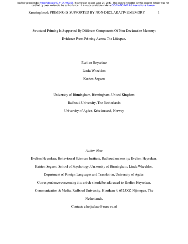 (PDF) Structural priming is supported by different components of nondeclarative memory: Evidence ...