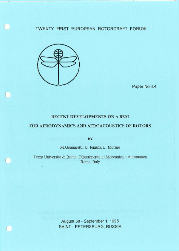 (PDF) Recent Developments on a BEM for Aerodynamics and Aeroacoustics of Rotors | Umberto Iemma ...
