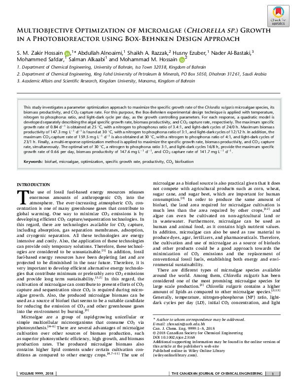 (PDF) Multiobjective optimization of microalgae (Chlorella sp.) growth in a photobioreactor ...