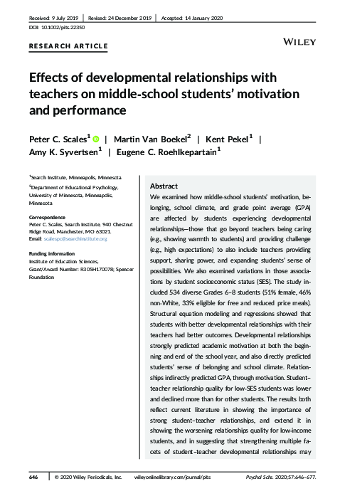 (PDF) Effects of developmental relationships with teachers on middle‐school students’ motivation ...
