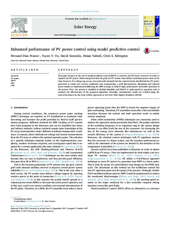 (PDF) Enhanced performance of PV power control using model predictive control
