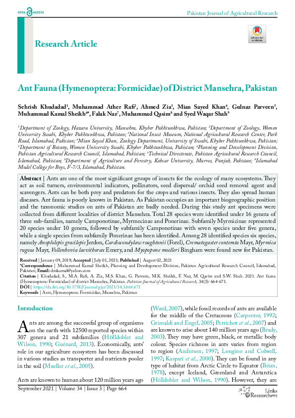 (PDF) Ant Fauna (Hymenoptera: Formicidae) of District Mansehra, Pakistan