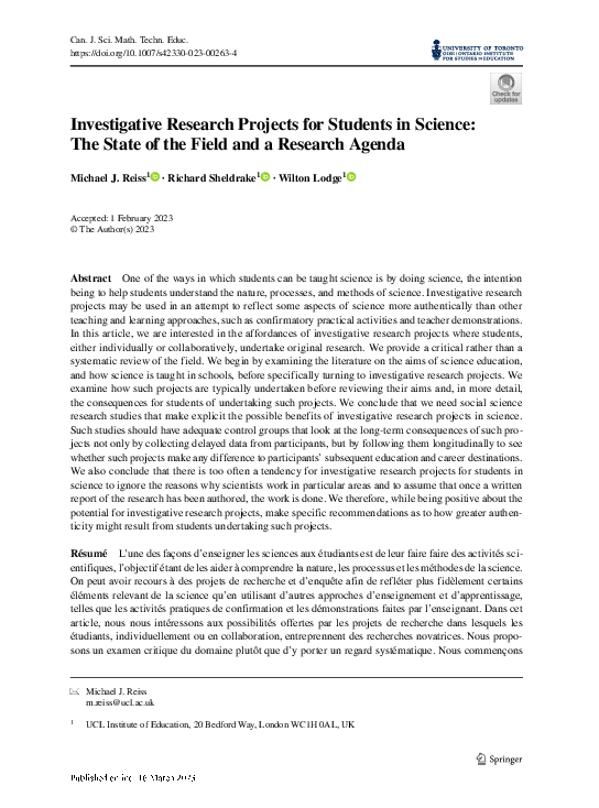 (PDF) Investigative Research Projects for Students in Science: The ...