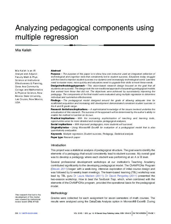 (PDF) Analyzing pedagogical components using multiple regression