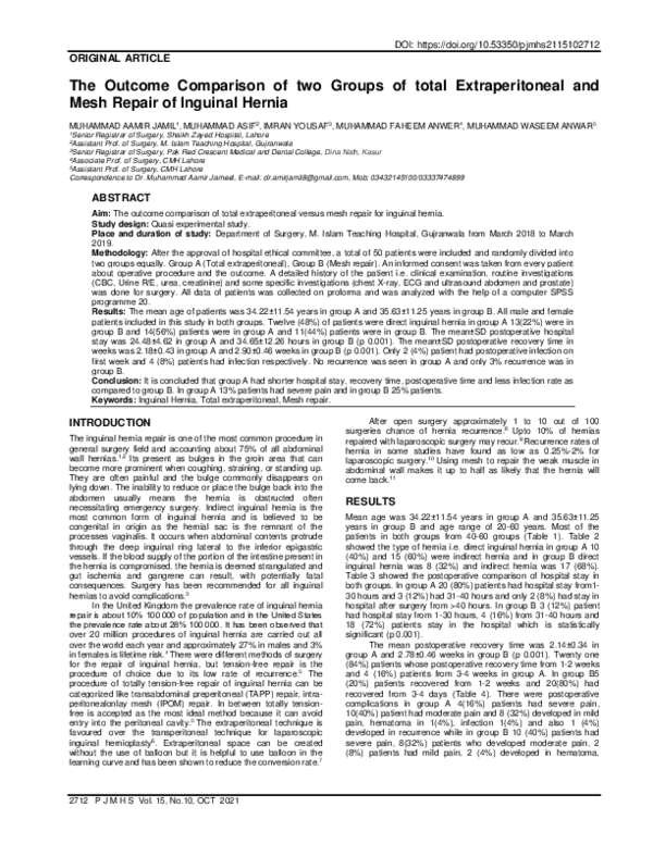 (PDF) The Outcome Comparison of two Groups of total Extraperitoneal and ...