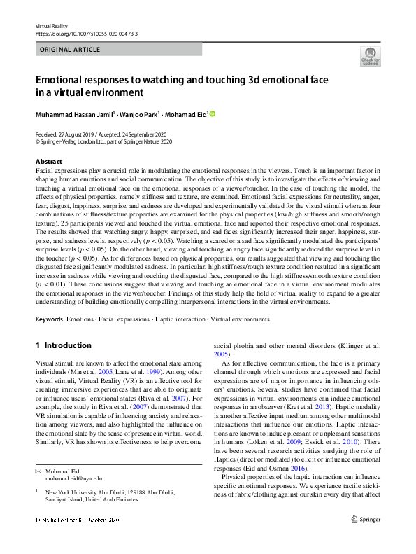 (PDF) Emotional responses to watching and touching 3d emotional face in ...