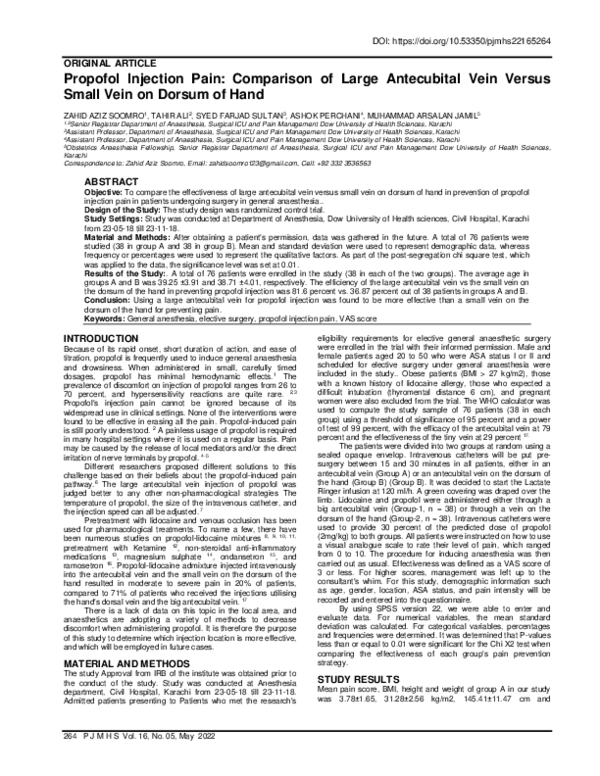 (PDF) Propofol Injection Pain: Comparison of Large Antecubital Vein ...
