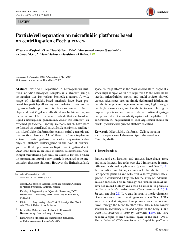 Pdf Particle Cell Separation On Microfluidic Platforms Based On Centrifugation Effect A Review