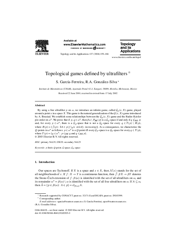 (PDF) Topological games defined by ultrafilters