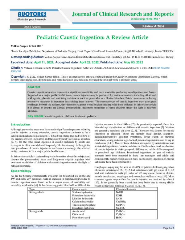 (PDF) Pediatric Caustic Ingestion: A Review Article