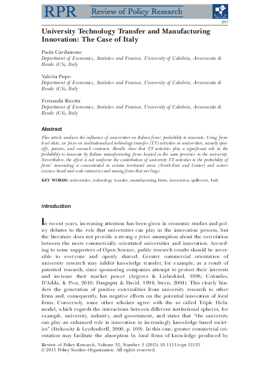 (PDF) University Technology Transfer and Manufacturing Innovation: The ...