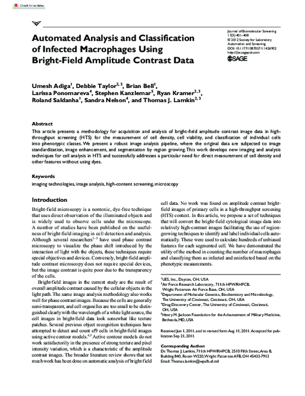 (PDF) Automated Analysis and Classification of Infected Macrophages Using Bright-Field Amplitude ...