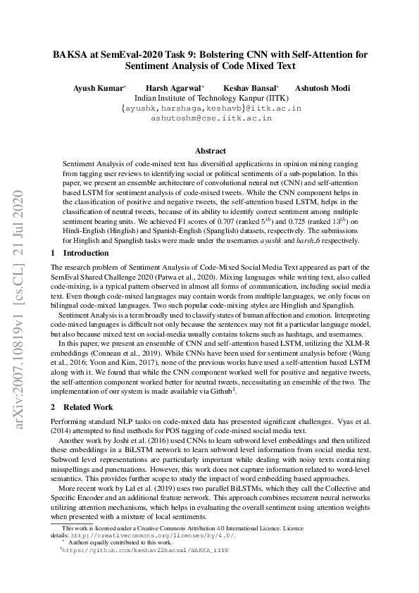(PDF) BAKSA at SemEval-2020 Task 9: Bolstering CNN with Self-Attention for Sentiment Analysis of ...