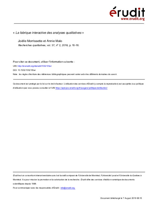 (PDF) La fabrique interactive des analyses qualitatives | Annie Malo ...