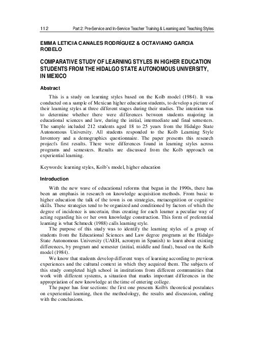 (PDF) Comparative Study of Learning Styles in Higher Education Students from the Hidalgo State ...