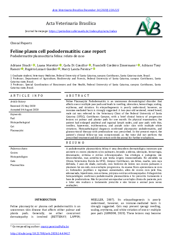 (PDF) Feline plasm cell pododermatitis: case report