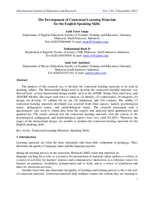 (PDF) The Implementation of Multimedia Learning Materials in Teaching English Speaking Skills