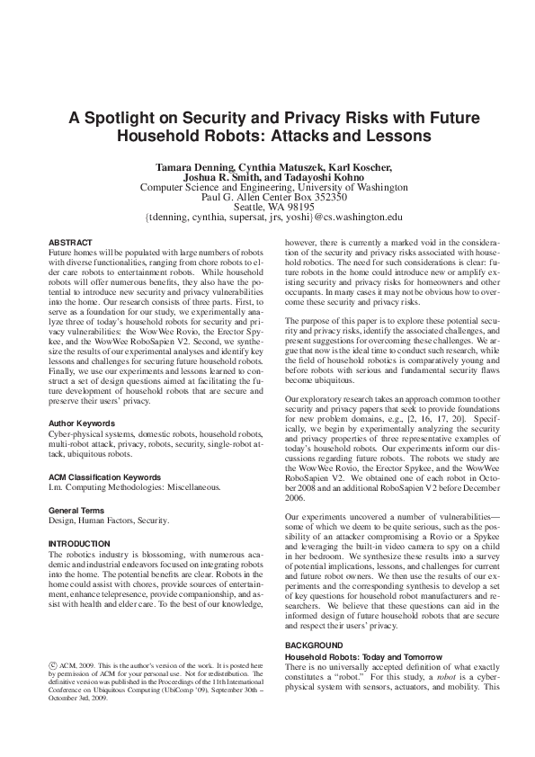 (PDF) A spotlight on security and privacy risks with future household robots