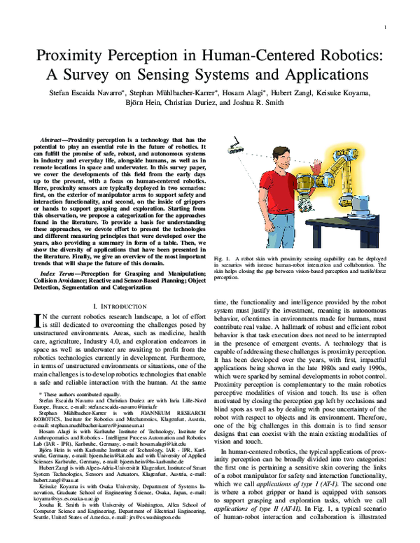 (PDF) Proximity Perception in Human-Centered Robotics: A Survey on Sensing Systems and Applications