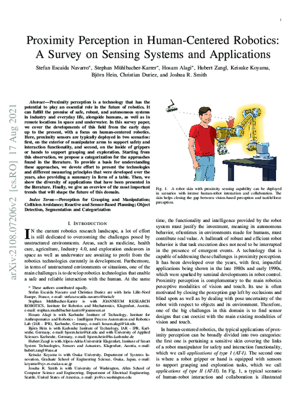 (PDF) Proximity Perception in Human-Centered Robotics: A Survey on Sensing Systems and Applications