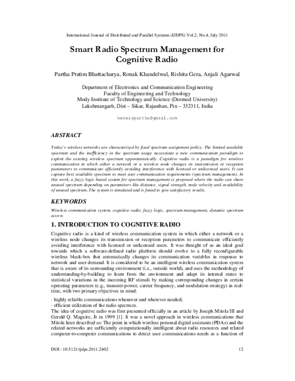 (PDF) Smart Radio Spectrum Management for Cognitive Radio