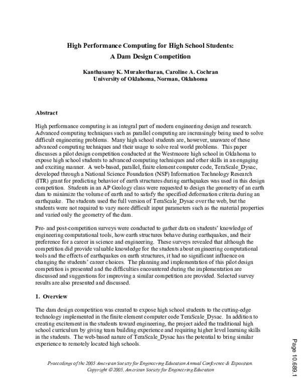 (PDF) High Performance Computing For High School Students: A Dam Design Competition