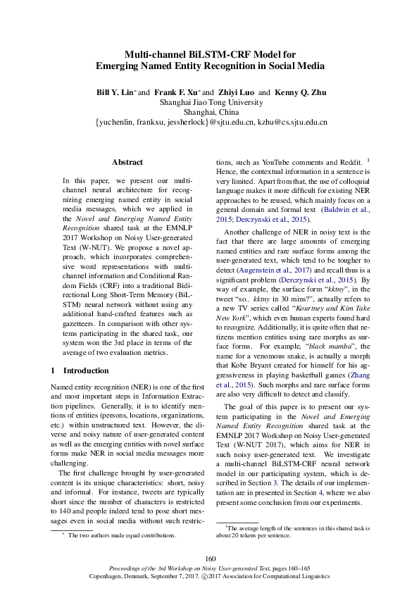 (PDF) Multi-channel BiLSTM-CRF Model for Emerging Named Entity Recognition in Social Media