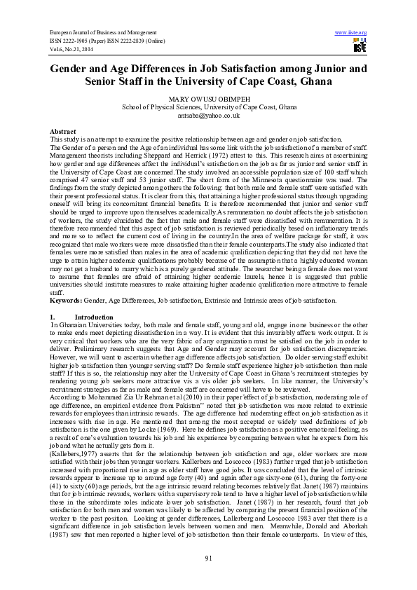 (PDF) Gender and Age Differences in Job Satisfaction among Junior and ...