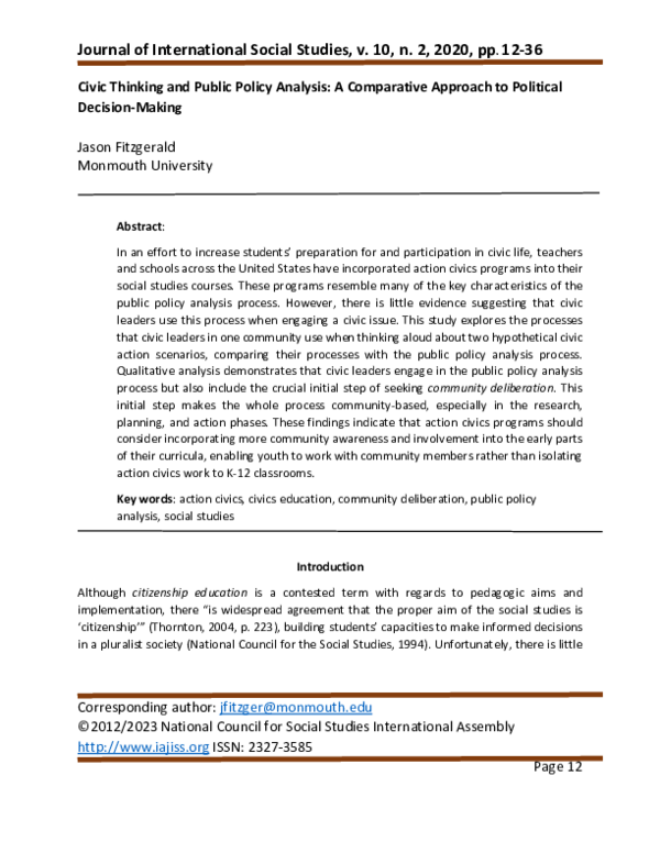 (PDF) Civic Thinking and Public Policy Analysis: Comparing Models of ...