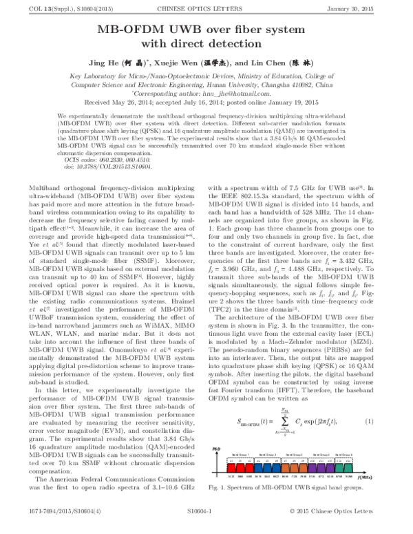 (PDF) MB-OFDM UWB over fiber system with direct detection