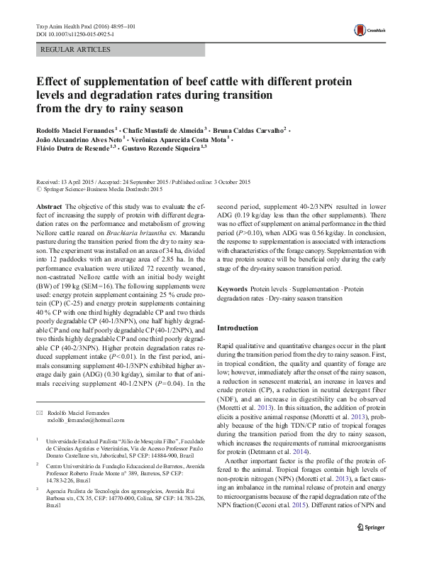 (PDF) Effect of supplementation of beef cattle with different protein levels and degradation ...