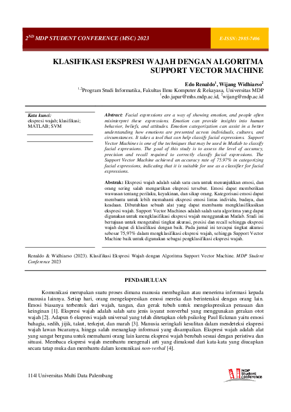 (PDF) Klasifikasi Ekspresi Wajah dengan Algoritma Support Vector Machine