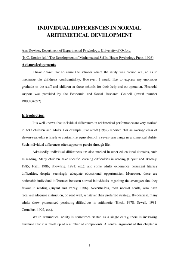 (PDF) INDIVIDUAL DIFFERENCES IN NORMAL ARITHMETICAL DEVELOPMENT