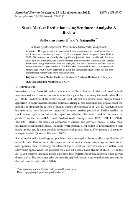 (PDF) Stock Market Prediction using Sentiment Analysis: A Review