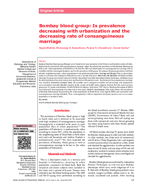 (PDF) Bombay blood group: Is prevalence decreasing with urbanization ...