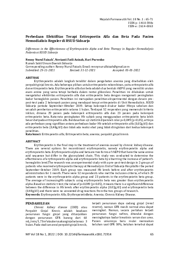 (PDF) Perbedaan Efektifitas Terapi Eritropoetin Alfa dan Beta Pada ...