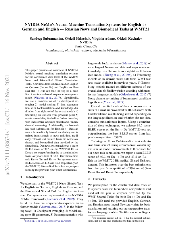 (PDF) NVIDIA NeMo Neural Machine Translation Systems for English-German ...