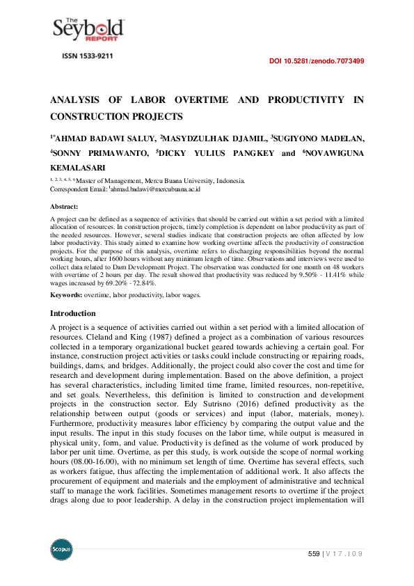 (PDF) Analysis of Labor Overtime and Productivity in Construction Projects