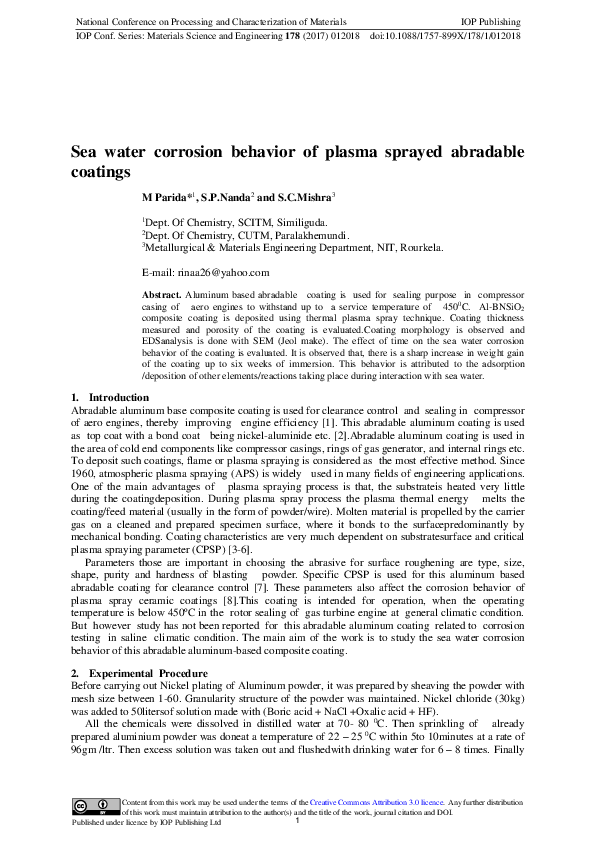 (PDF) Sea water corrosion behavior of plasma sprayed abradable coatings