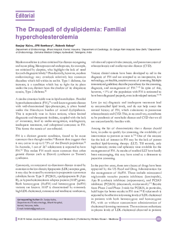 (PDF) The Draupadi of dyslipidemia: Familial hypercholesterolemia