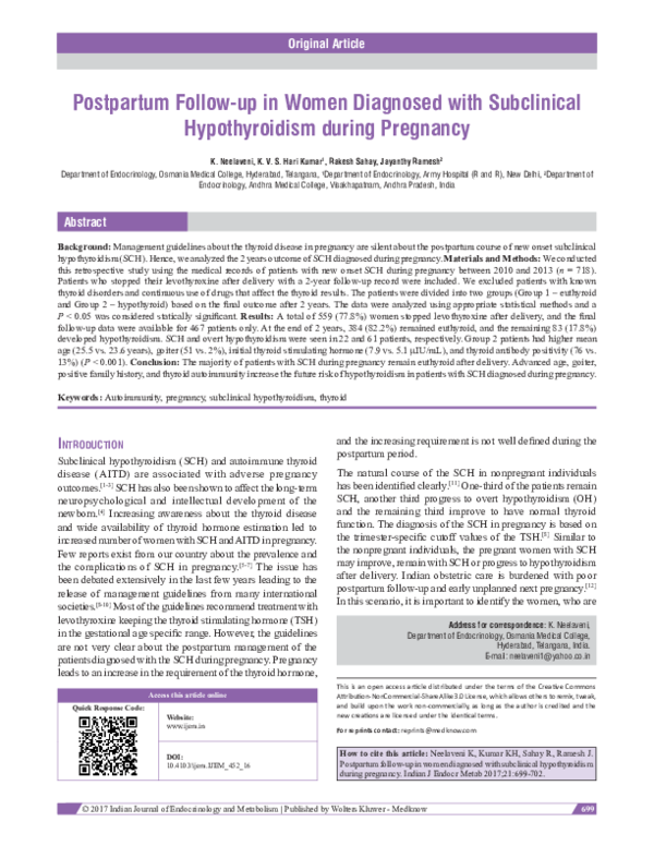 (PDF) Postpartum follow-up in women diagnosed with subclinical ...