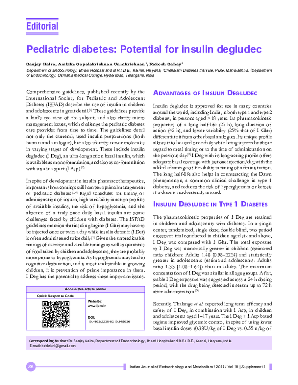 (PDF) Pediatric diabetes: Potential for insulin degludec | Rakesh Sahay ...