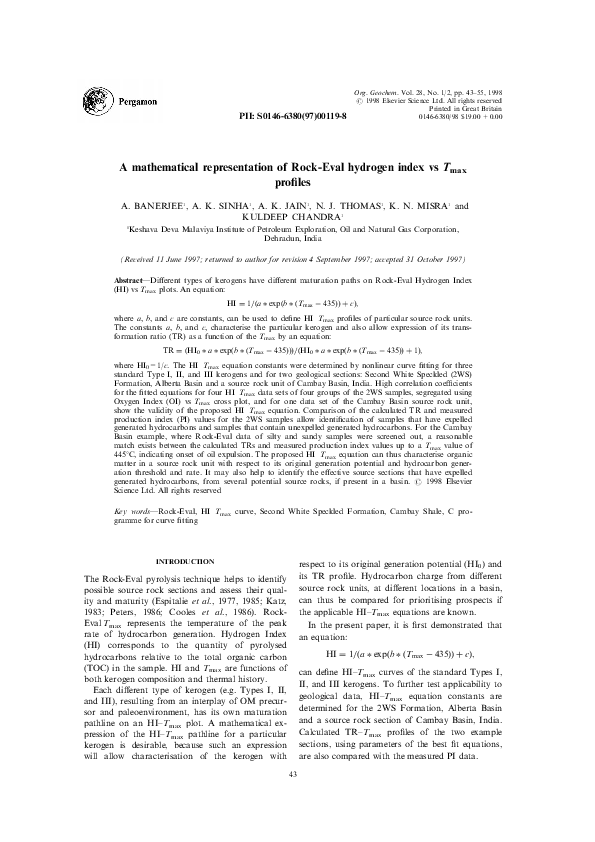 (PDF) A mathematical representation of Rock-Eval hydrogen index vs Tmax ...