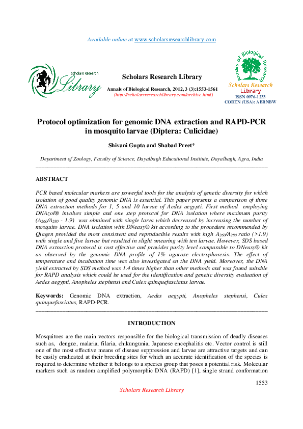 Pdf Protocol Optimization For Genomic Dna Extraction And Rapd Pcr In Mosquito Larvae Diptera