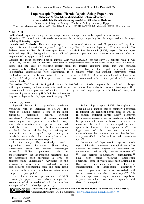 (PDF) Laparoscopic Inguinal Hernia Repair; Sohag Experience