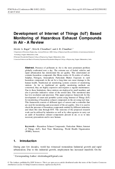 (PDF) Development of Internet of Things (IoT) Based Monitoring of Hazardous Exhaust Compounds in ...