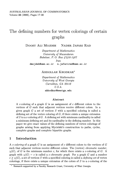(PDF) The defining numbers for vertex colorings of certain graphs | Nader Jafari Rad - Academia.edu