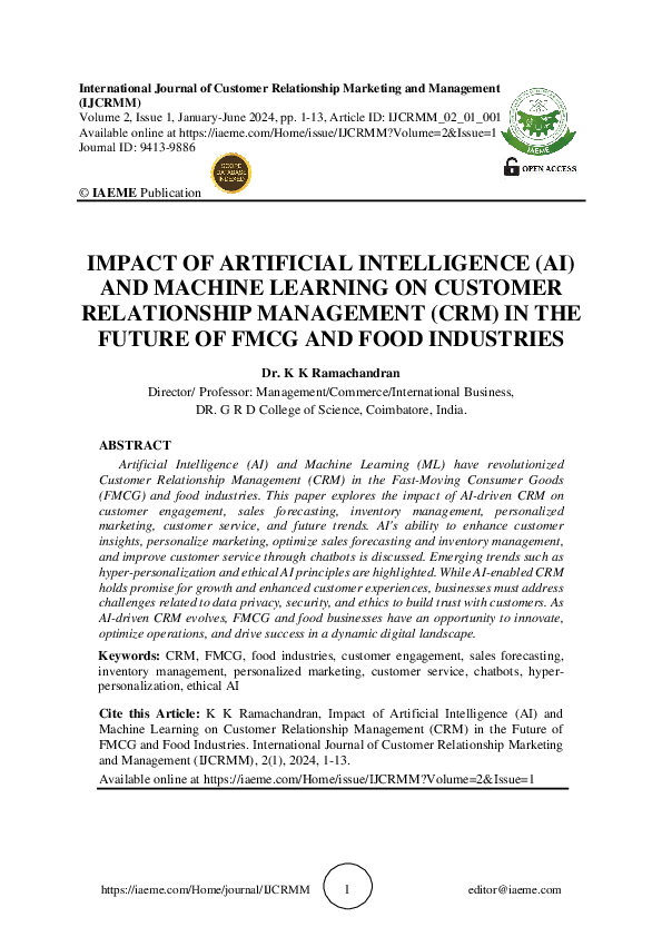(PDF) IMPACT OF ARTIFICIAL INTELLIGENCE (AI) AND MACHINE LEARNING ON CUSTOMER RELATIONSHIP ...